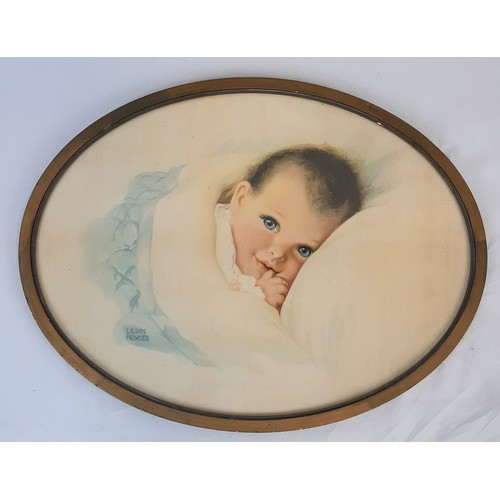 A PAIR OF 1930-40'S LILIAN ROWLES BABY PRINTS IN OVAL FRAMES. 43 X 33cms