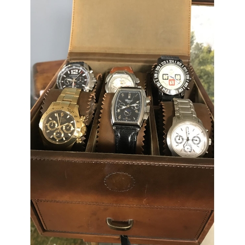 Beautiful brown leather Fossil watch box with a collection of watches ...