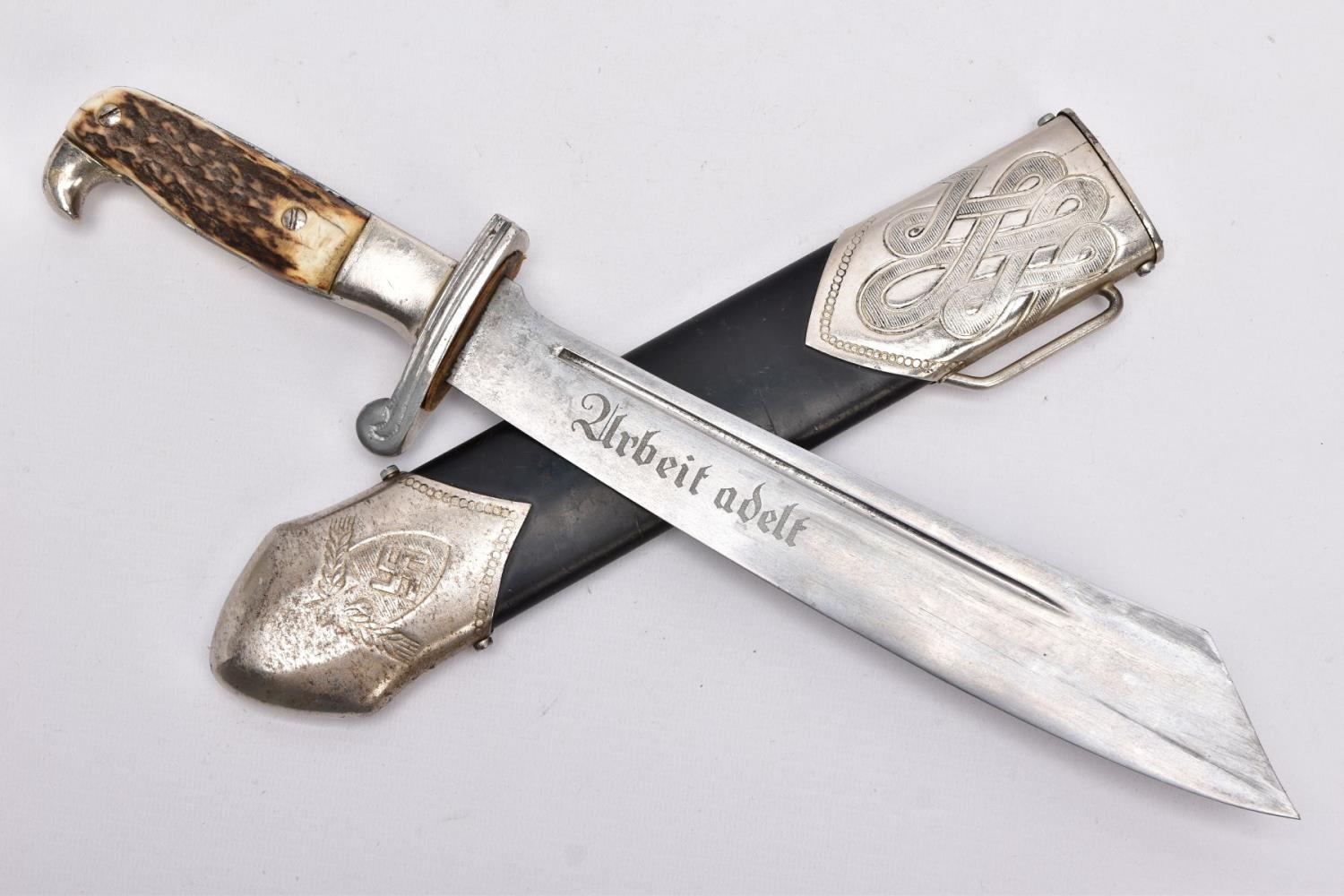 AN EXAMPLE OF A WWII GERMAN R.A.D. EM DAGGER AND SCABBARD, 'Arbeit ...