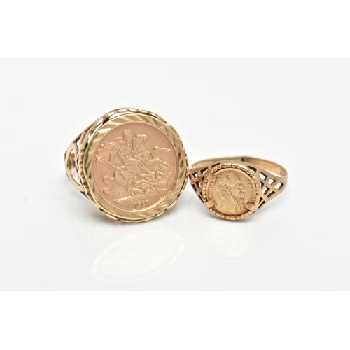 TWO 9CT GOLD COIN RINGS, both with pierced detail to the shoulders, one ...