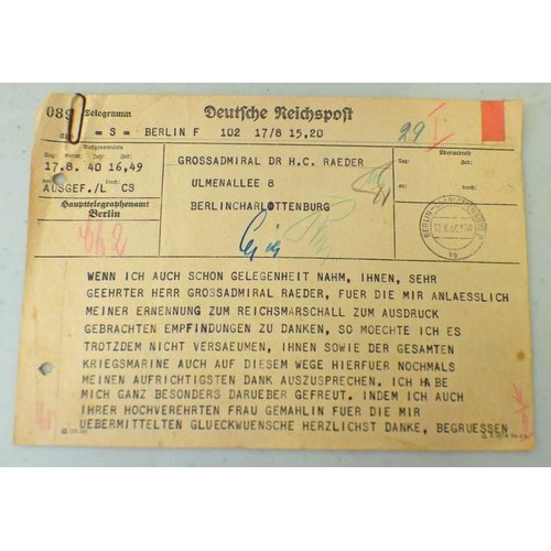 WW2 GERMAN TELEGRAM TO GROSSADMIRAL DR. HL RAEDER FROM GORIN... | Barnebys