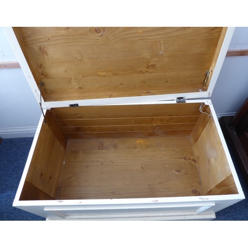 A modern white-painted pine chest with panelled front and sides (99cm ...