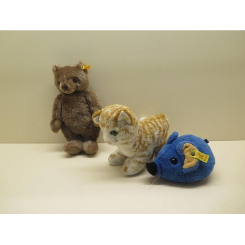 Three Steiff toys; a Steiff cosy felt blue mouse 5390/15, bu... | Barnebys