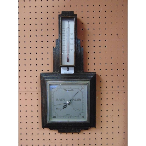 Smiths Art Deco oak cased wall barometer with thermometer, 1... | Barnebys