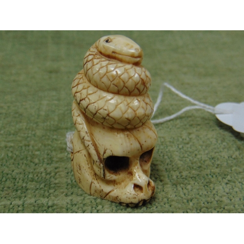 19th century ivory netsuke, coiled up snake atop a human sku... | Barnebys