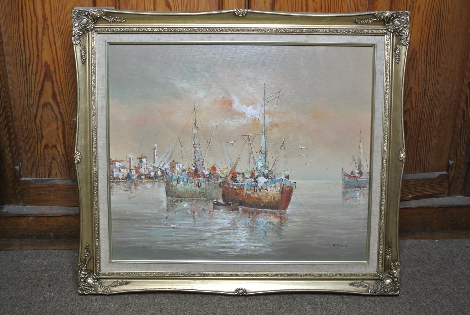 A framed original painting of a harbour scene, signed 'Logan'.