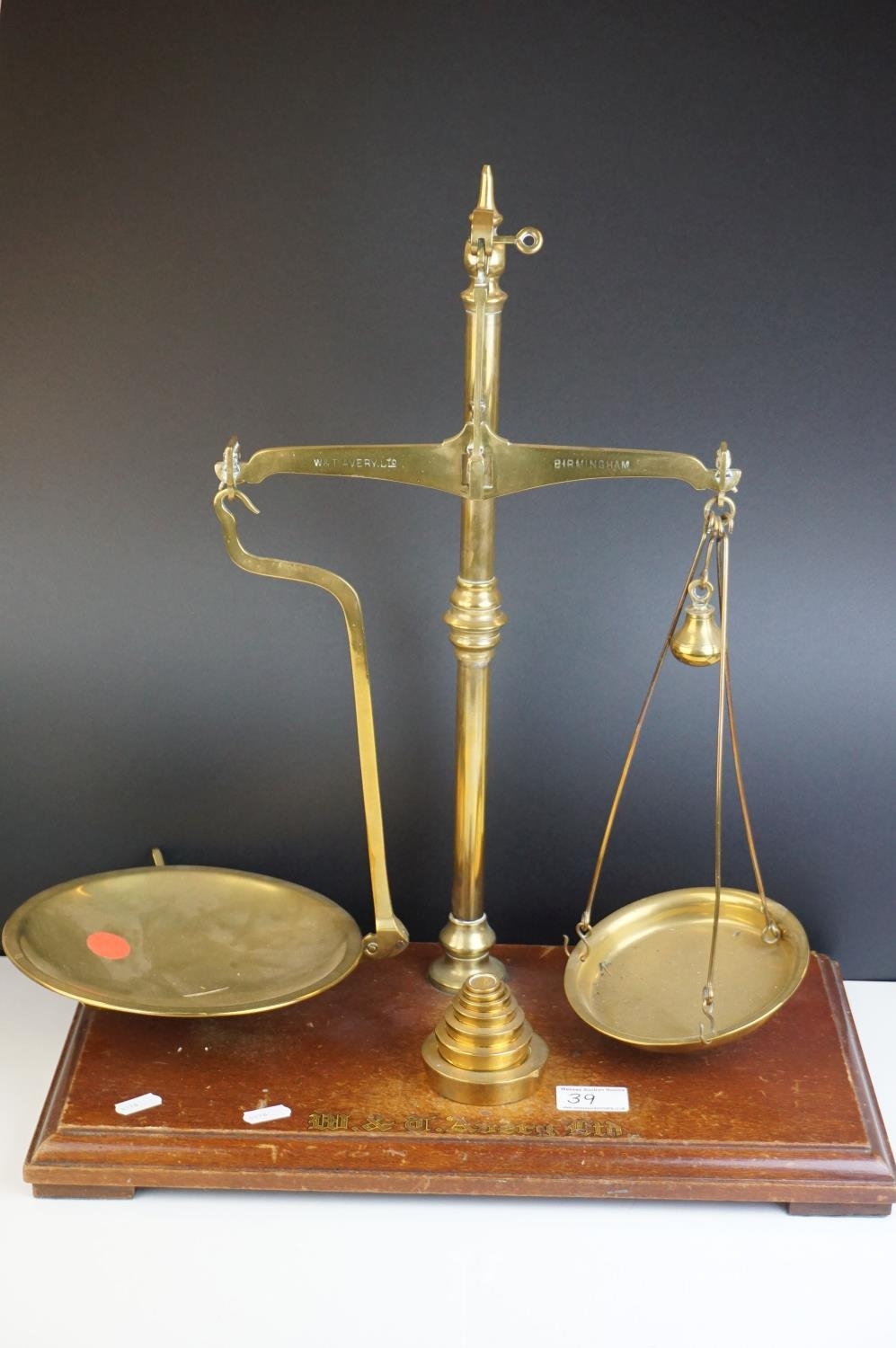 A set of antique W and T Avery balance scales with weights