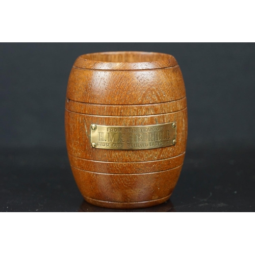 Boer War related, treen barrel made from the teak of HMS Ter... | Barnebys