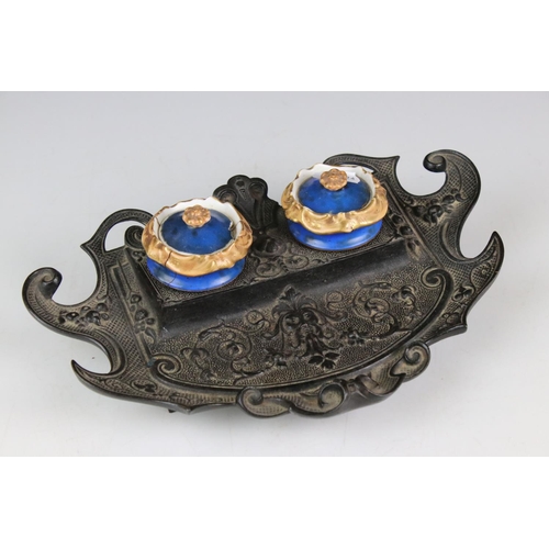 Victorian Coalbrookdale style Cast Iron Standish with two ce... | Barnebys