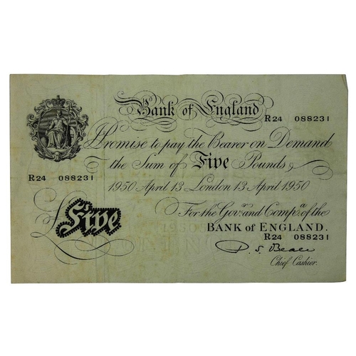 A Bank of England White five pound note - April 13th 1950, chief ...