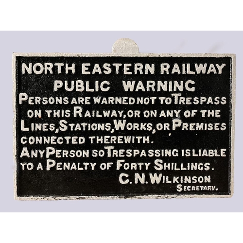 A cast iron North Eastern Railway trespass sign, 60 x 90cm