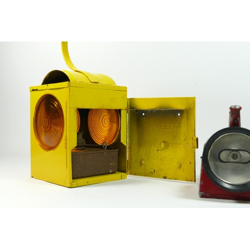 Bardic railway handlamp and a yellow Greenham Dorman road lamp with ...