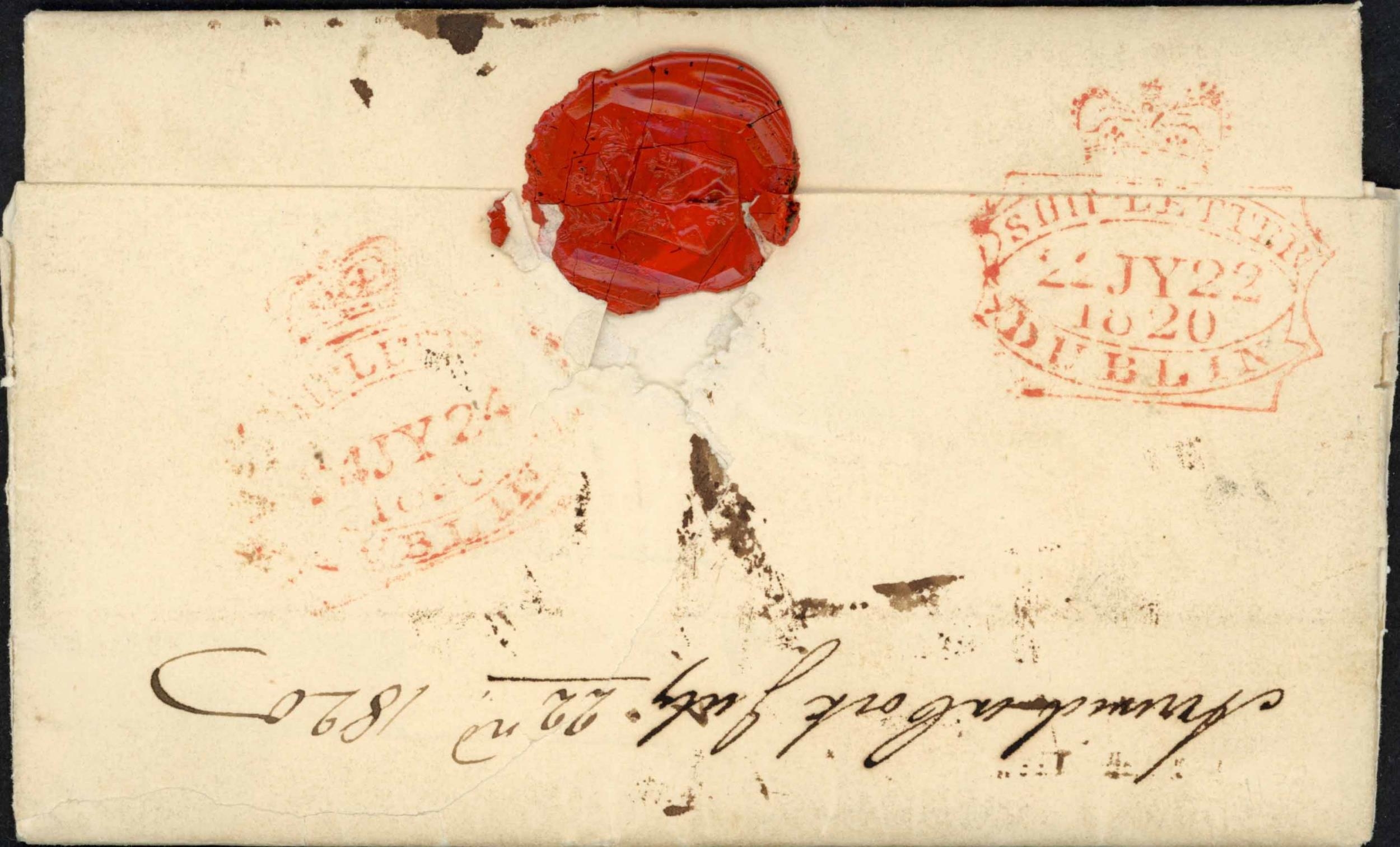 COVE & DUBLIN SHIP LETTER MARKS; 9 June 1820 EL to Rotherham, England ...