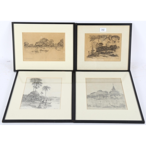 E MacColl, 4 ink and pencil drawings, scenes in Burma, early... | Barnebys