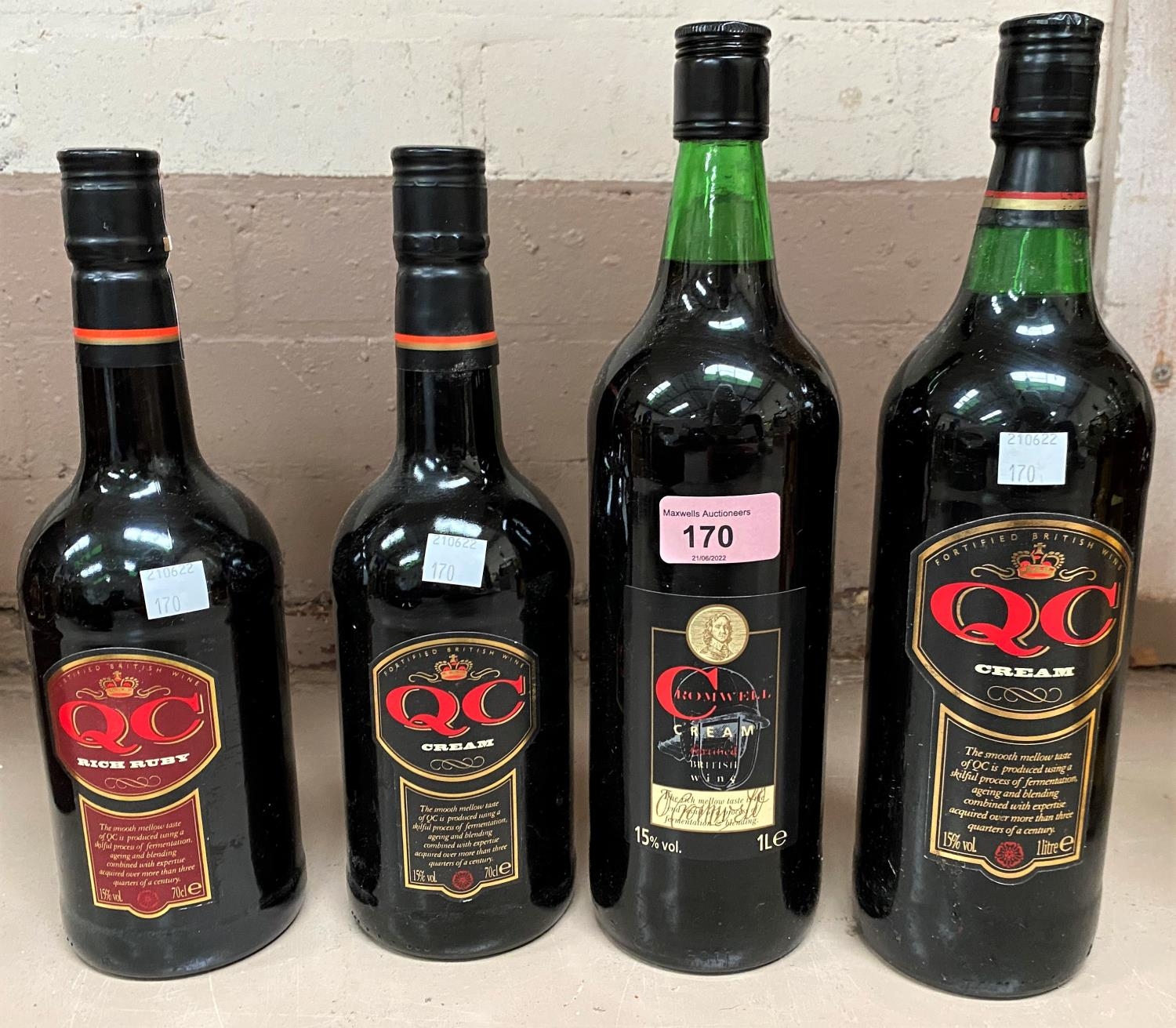 A 1 litre and two 70 cl bottles of "Q.C. Cream" fortified wine; a 1 ...