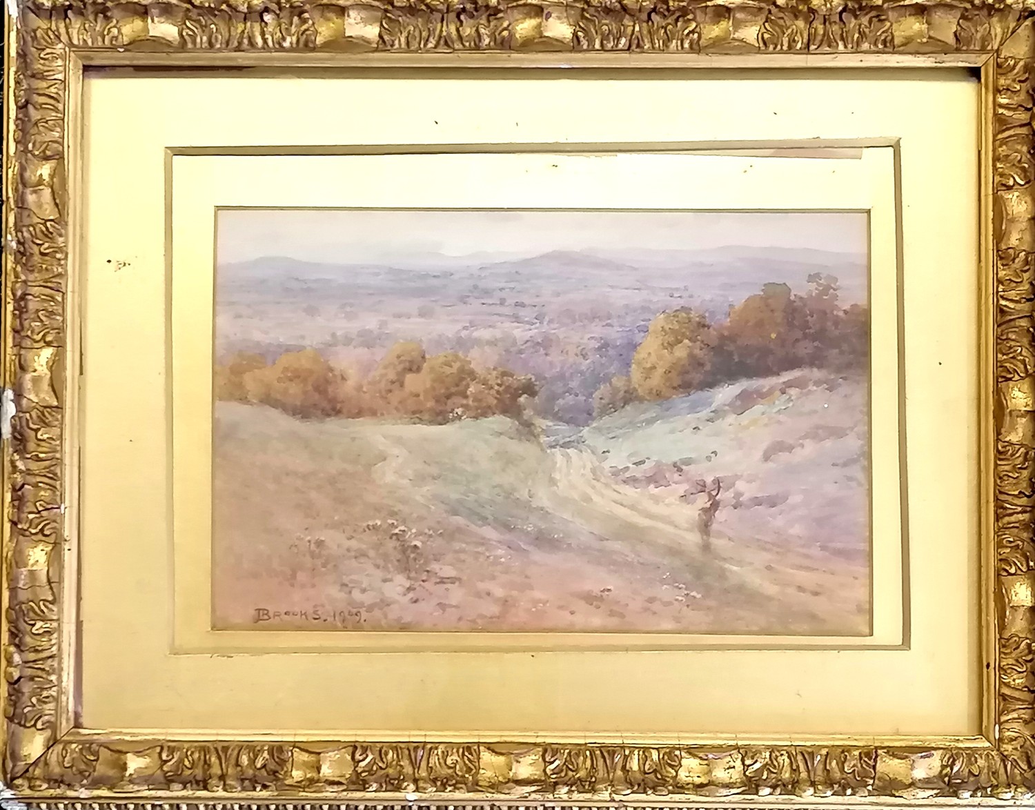 Watercolour depicting a panoramic view with a figure in the foreground ...
