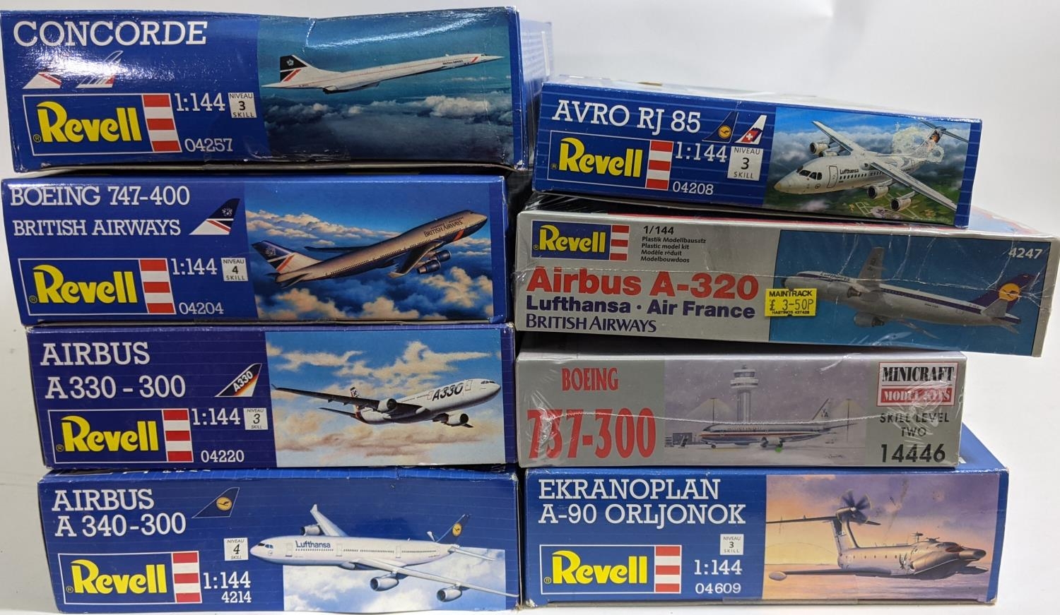Collection of 8 model aircraft kits, 1:144 scale of civil aircraft, all ...