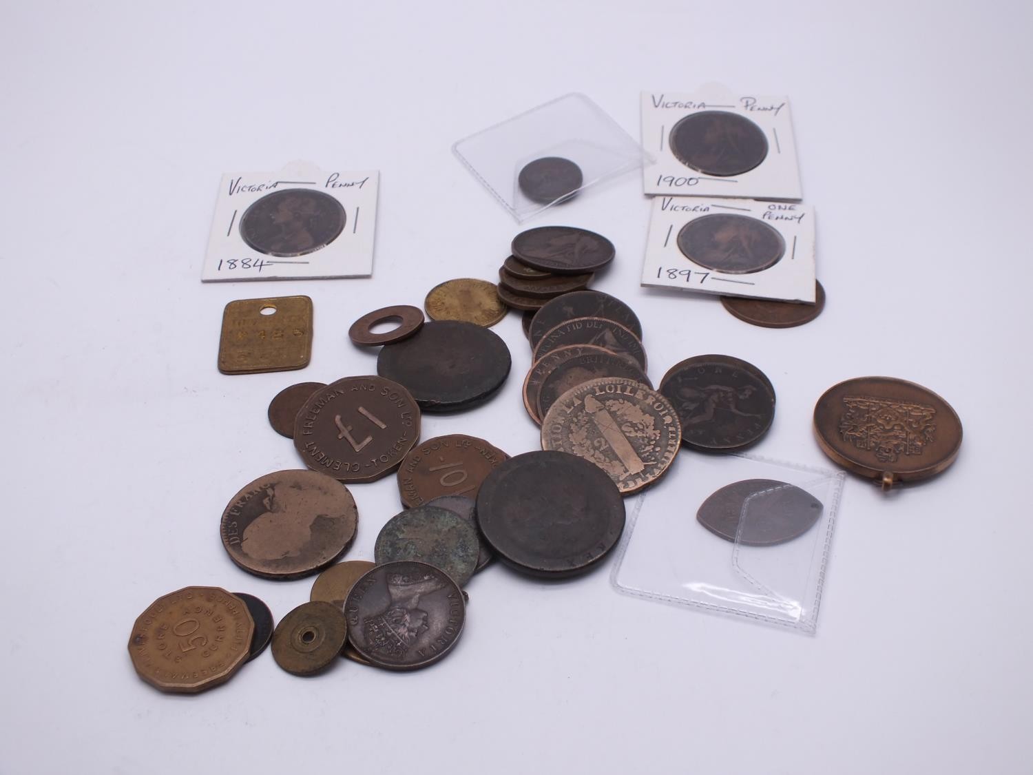 COLLECTION OF OLD COPPER COINS, TOKENS, MEDALS ETC