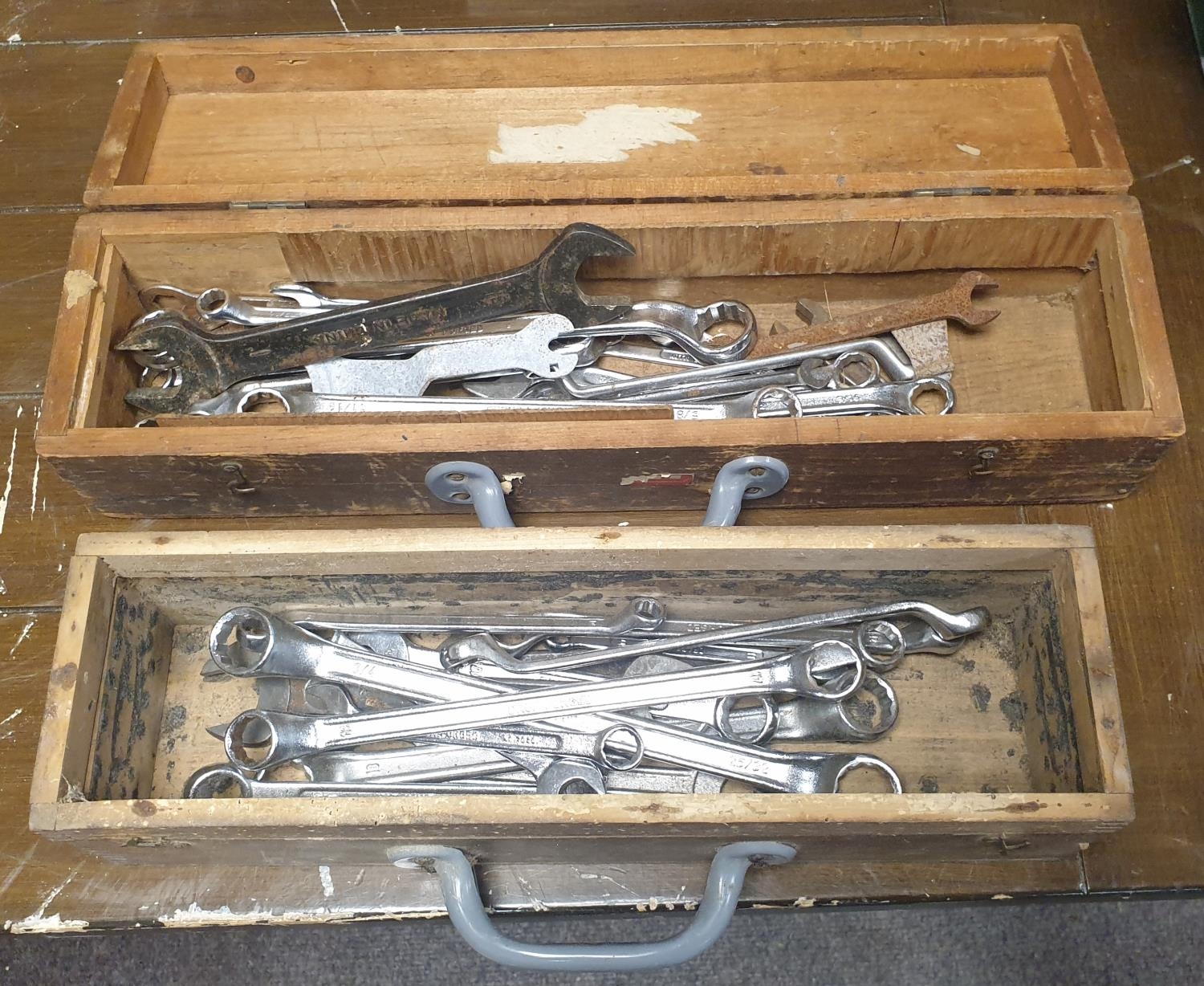 Vintage Tool Boxes with Assorted Wrenches