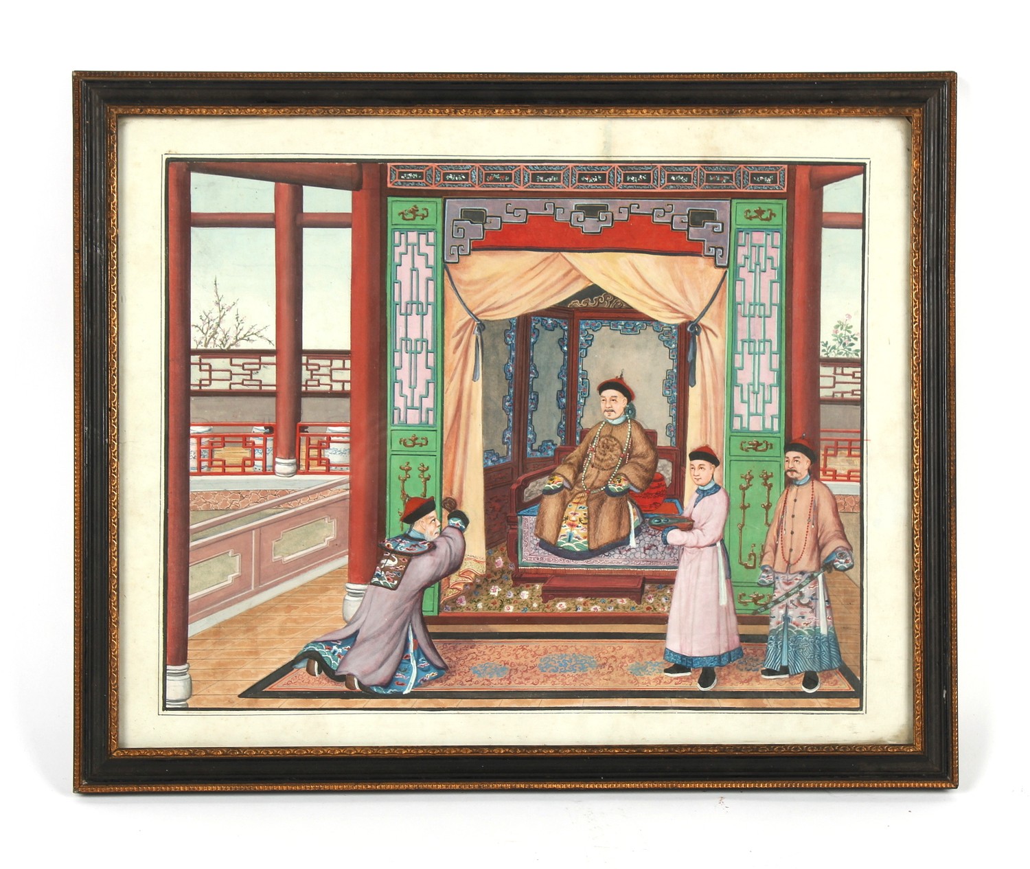 A 19th century Chinese Canton painting on paper depicting a court scene ...