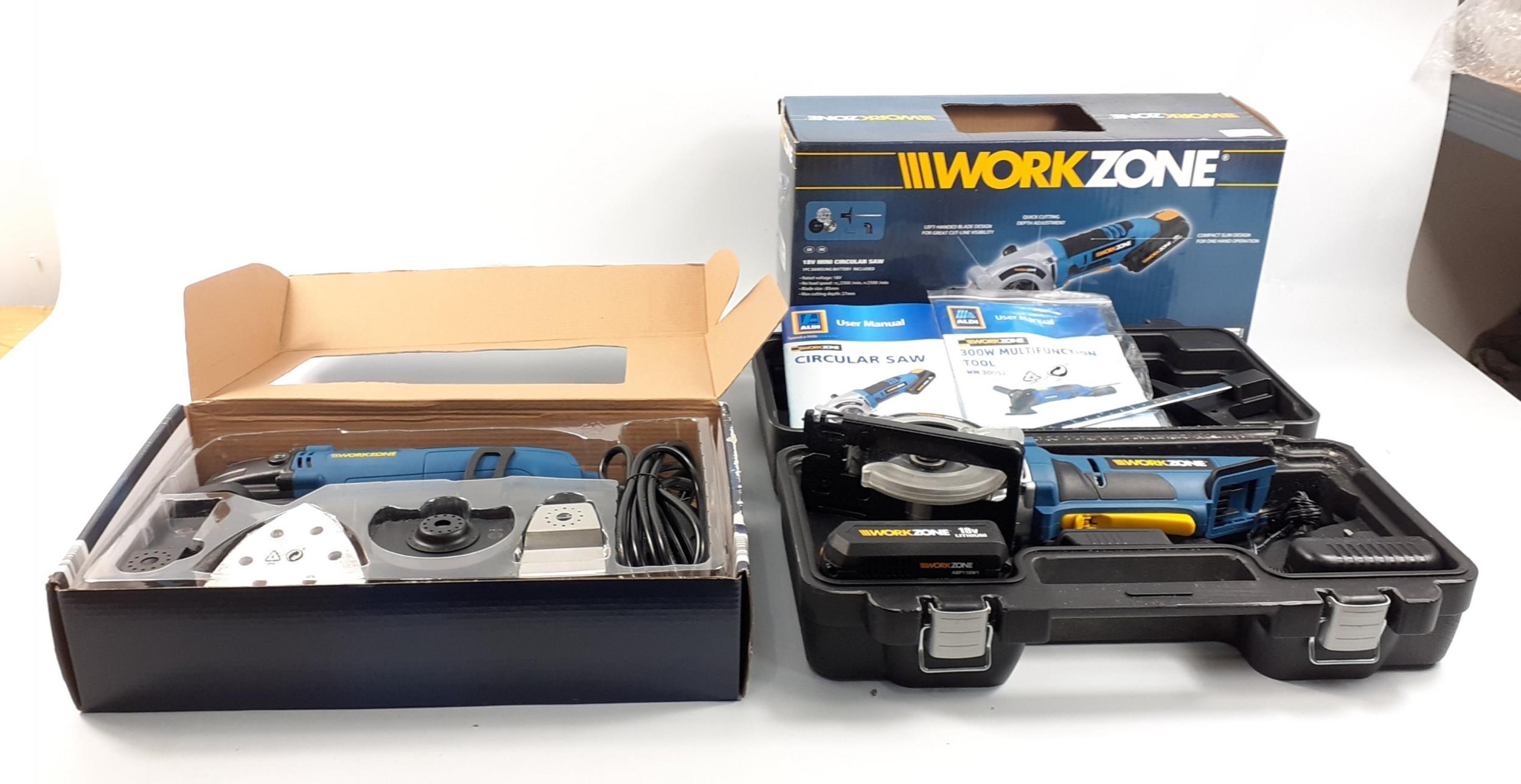 Two boxed and unused WORKZONE tools 18v MINI CIRCULAR SAW and a 300w ...