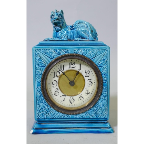 A Burmantofts Faience mantel clock with kylin top, impressed... | Barnebys