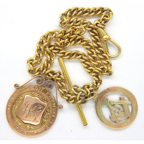 9ct gold fob and a 9ct gold Masonic fob on a rolled gold sin... | Barnebys