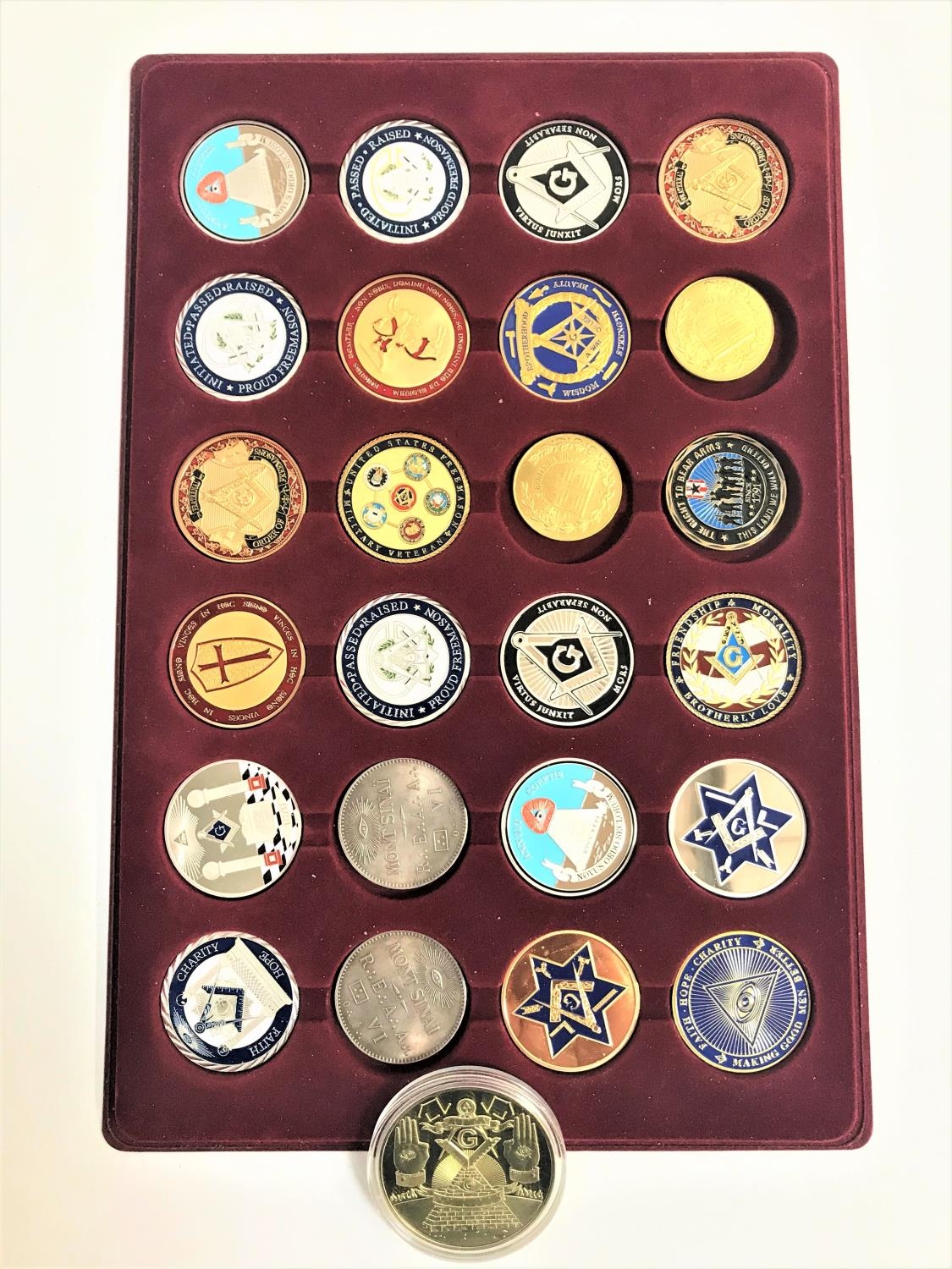 SELECTION OF TWENTY FIVE MASONIC TOKENS with examples from the United ...