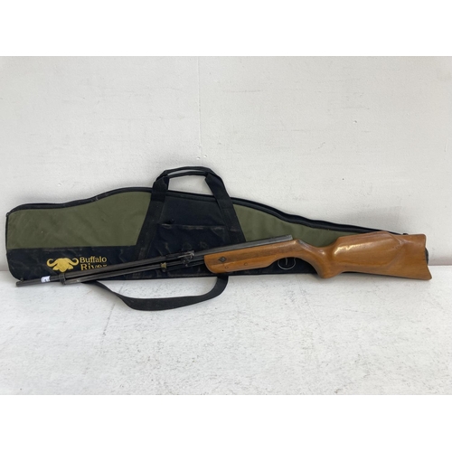 A vintage Relum Tornado air rifle with wooden stock and Buff... | Barnebys