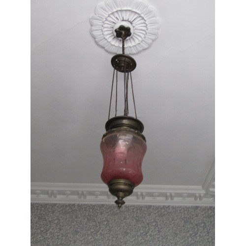Victorian Hall Ceiling Light with Engraved Ruby Shade Brass ... | Barnebys