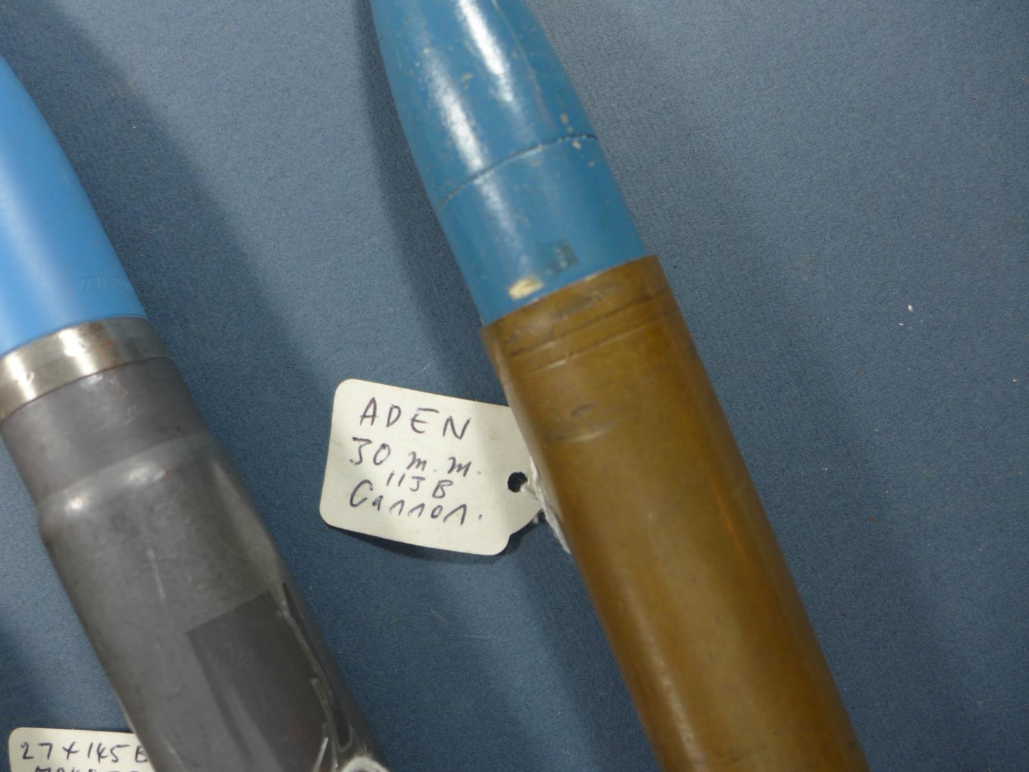 A 30 MM 170 RARDEN CANNON SHELL, MAUSER SHELL AND AN ADEN 30 MM