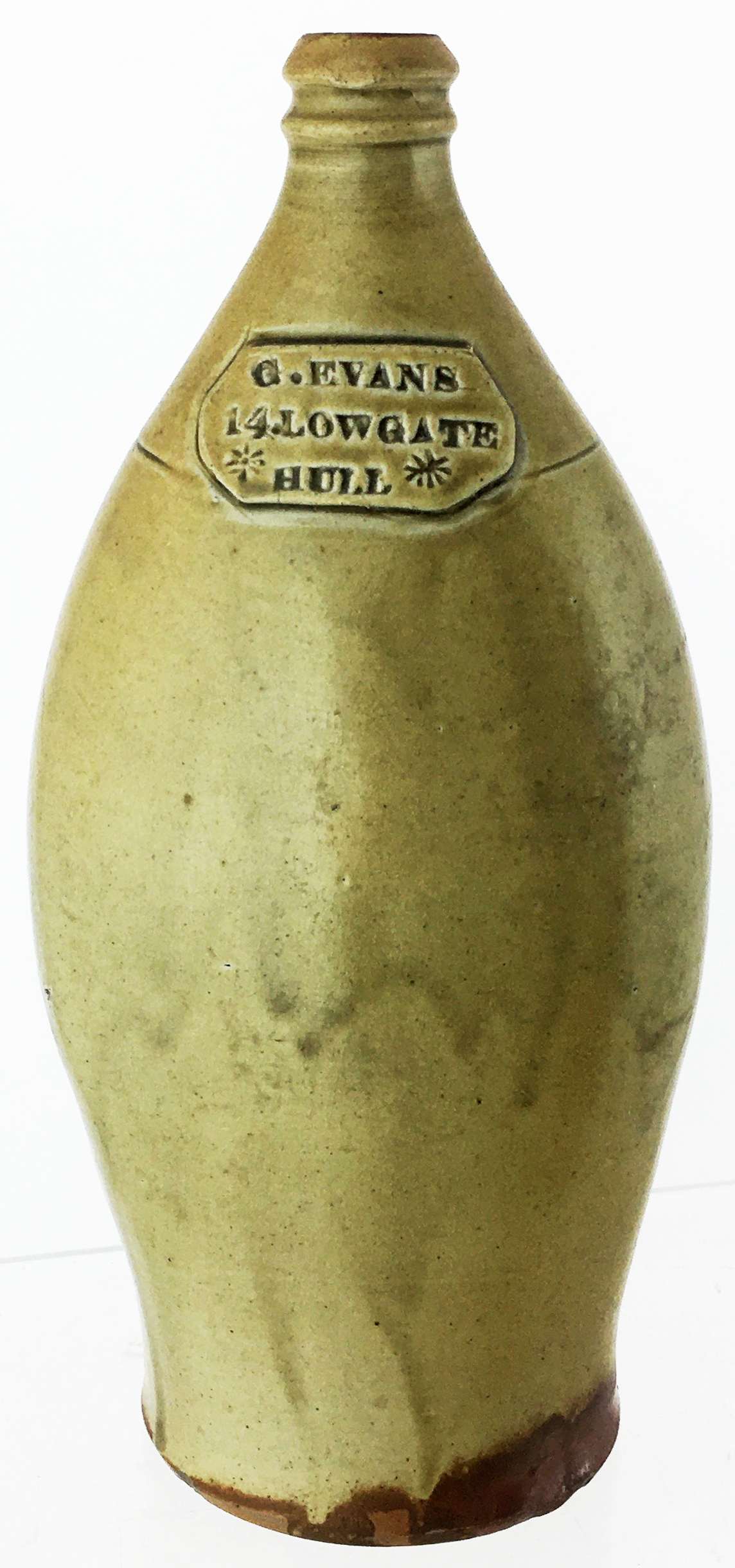 HULL SLAB SEALED FLASK. 11ins tall. Oval shape base flask with bulbous ...