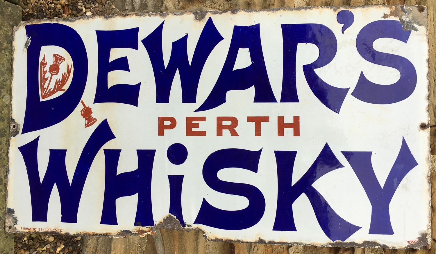 DEWARS PERTH WHISKY ENAMEL SIGN. 30 x 16ins. Simple stylish lettering ...