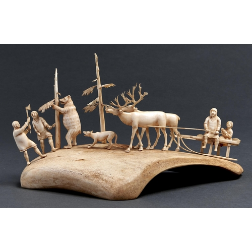 Inuit Art. A bone tableau of hunters, reindeer, bear and dog... | Barnebys