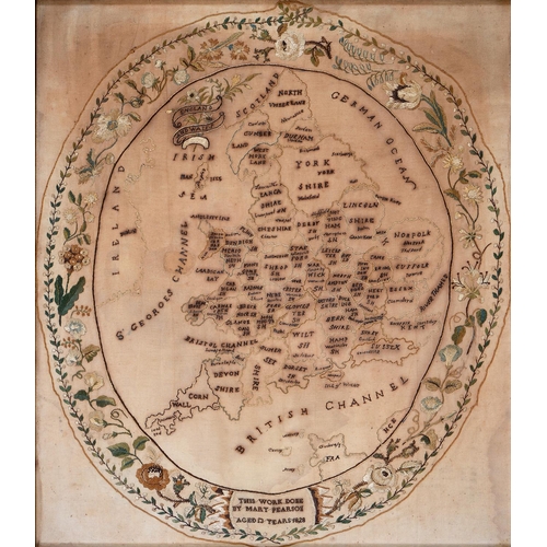 A linen map sampler, Mary Pearson aged 13 years 1828, worked... | Barnebys