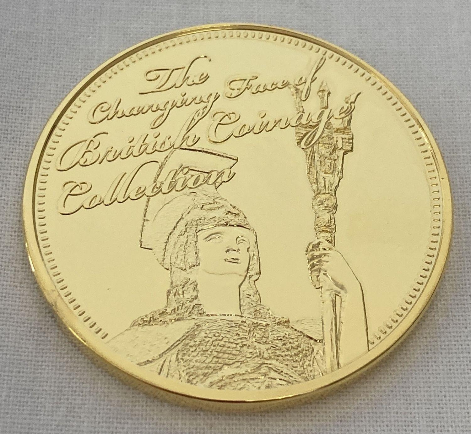 A silver gilt "The Changing Face Of British Coinage" Britannia medal. In clear case. Limited edition