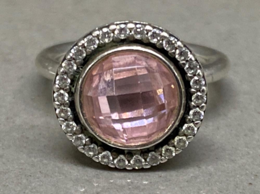 Silver 925 Pandora (ALE 50) ring with large pink centre stone ...