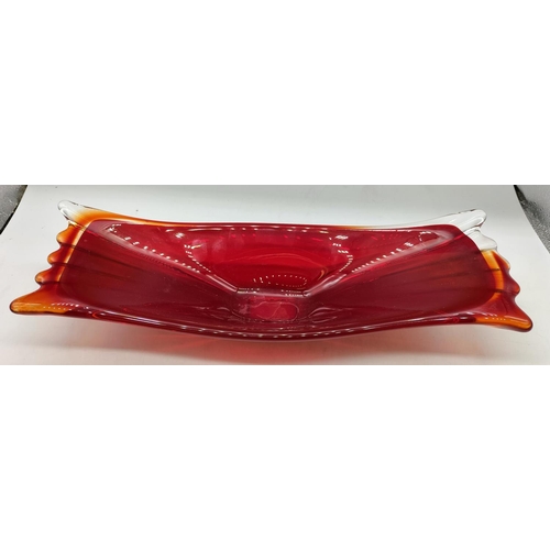 Red Art Glass Long Dish. 40cm x 14cm, 6cm High.