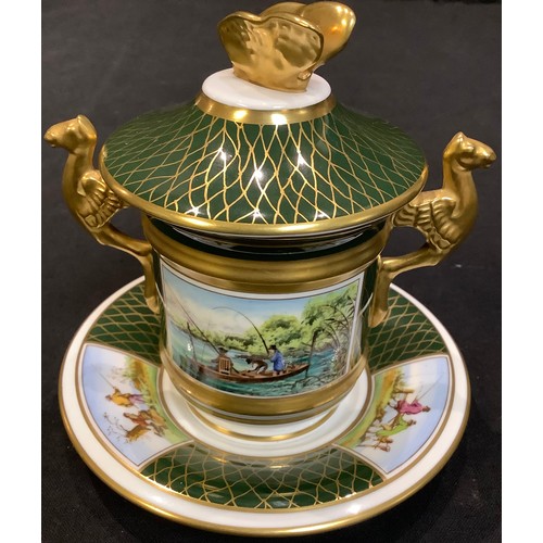 A Spode Antique Fishing Scene chocolate cup, cover and stand | Barnebys