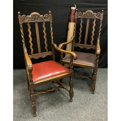 A pair of carved oak high back throne chairs, shaped rail ca... | Barnebys