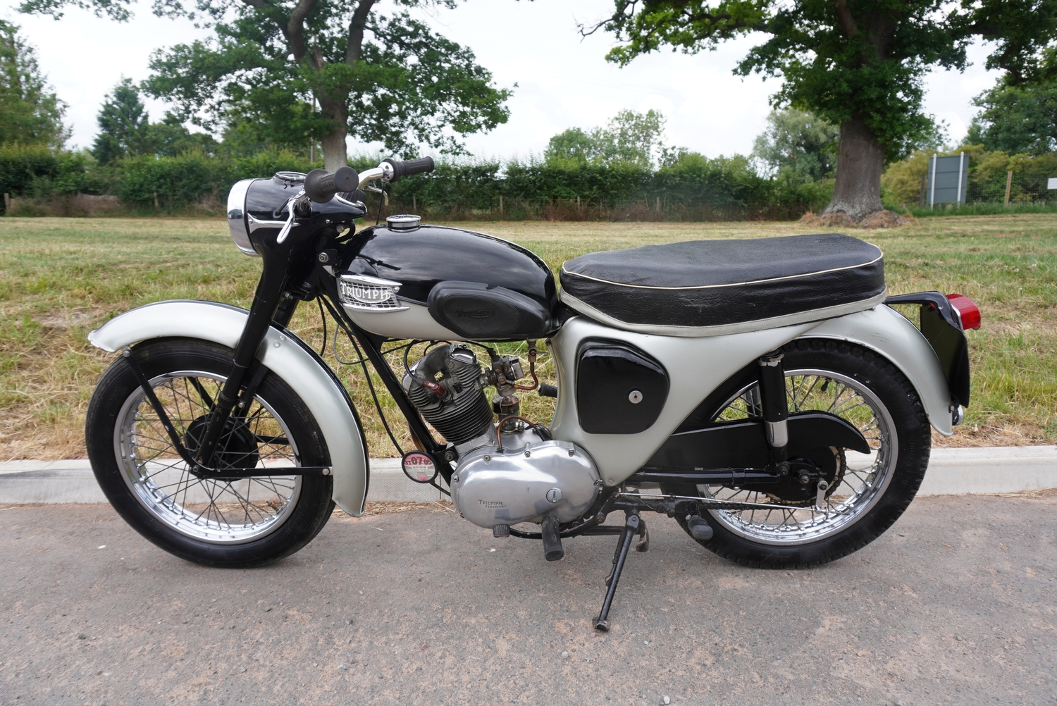 Triumph Tiger Cub motorcycle. 1959. Bikini panel model. Matching engine ...