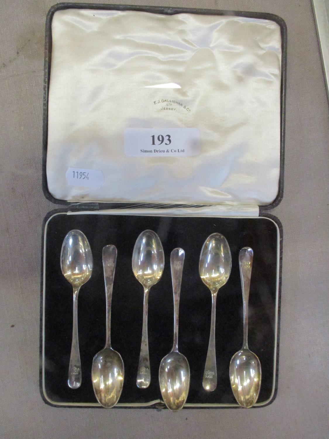 A cased set of six silver teaspoons retailed by E.J. Gallichan of Jersey