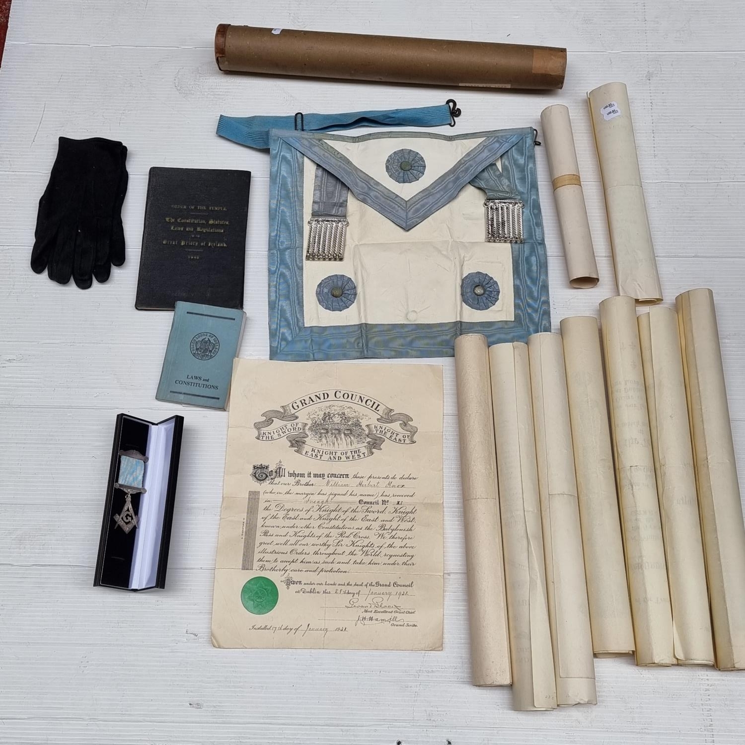 A collection of Masonic items, containing a Sterling silver Masonic ...