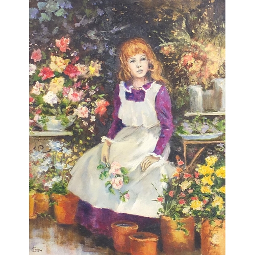 Irene Shaw - Seated girl amongst flowers, oil on board, moun... | Barnebys