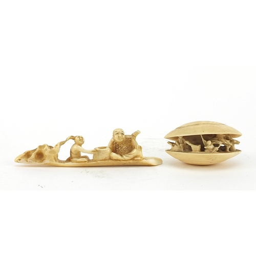 Japanese carved ivory including a clam shell okimono, the la... | Barnebys