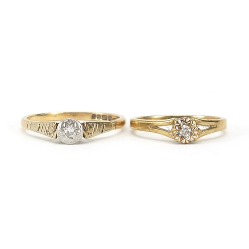 Two 9ct gold diamond solitaire rings, size F and N, 3.1g | Barnebys