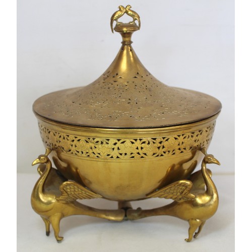 Indian brass censer of circular form on three peacock suppor... | Barnebys