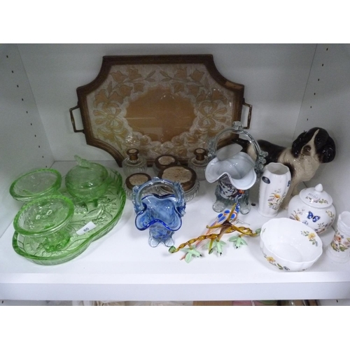 Green glass dressing table set, an embroidered dressing tabl... | Barnebys