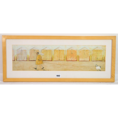 SAM TOFT, man walking dog and beach huts, art print, 16cm x ... | Barnebys