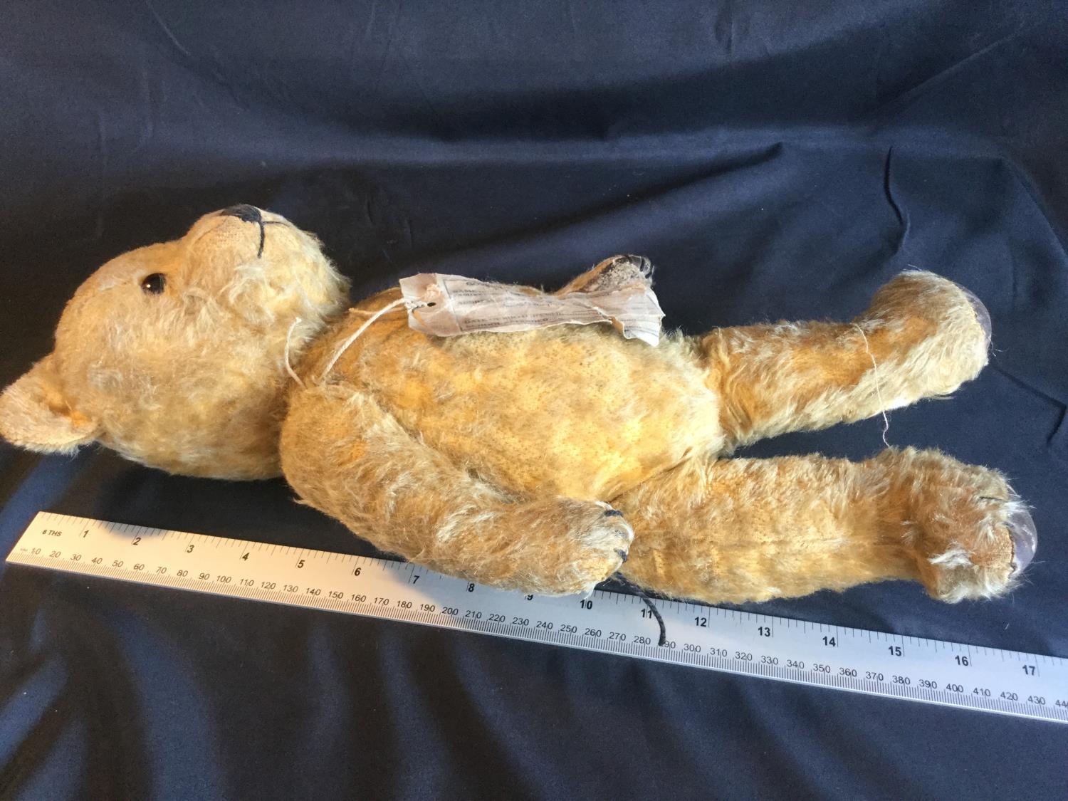 RARE ORIGINAL WW2 42CM TALL CHILDS EVACUEE TEDDY BEAR WITH TAG AND MEDAL